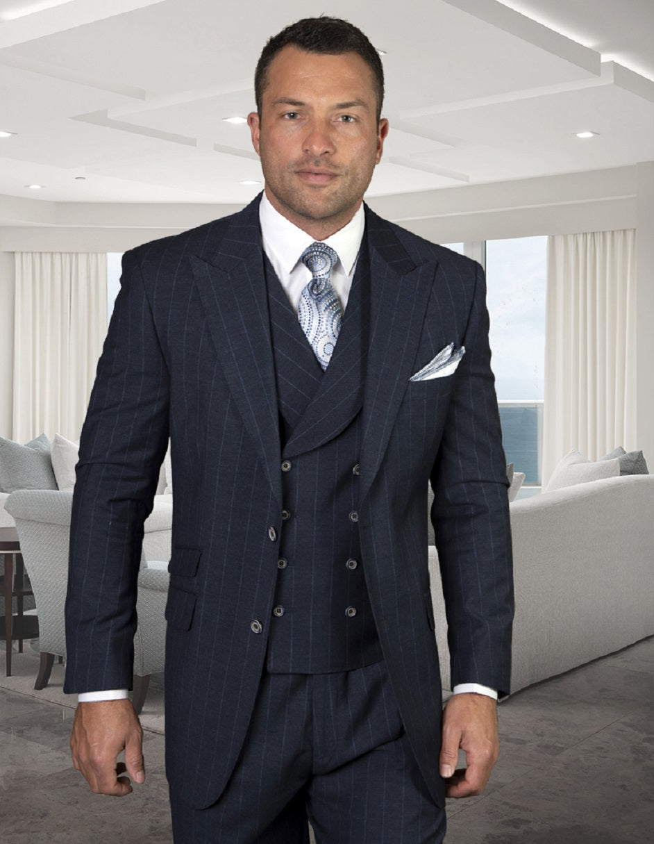 Mens Classic Fit Pleated Pant Wide Peak Lapel Wool Suit with Double Breasted Vest in Navy ...