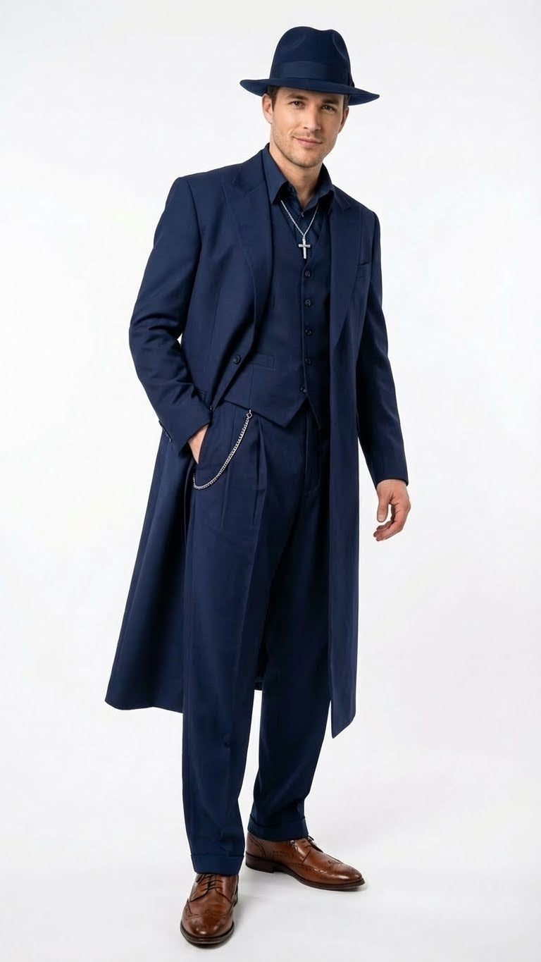 Men’s Navy Blue 1920s Zoot Suit – Long Mafia Gangster Three-Piece ...