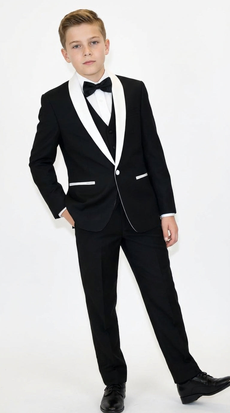 Boys Black Tuxedo Suit with White Shawl Lapel and Bow Tie | Formal ...