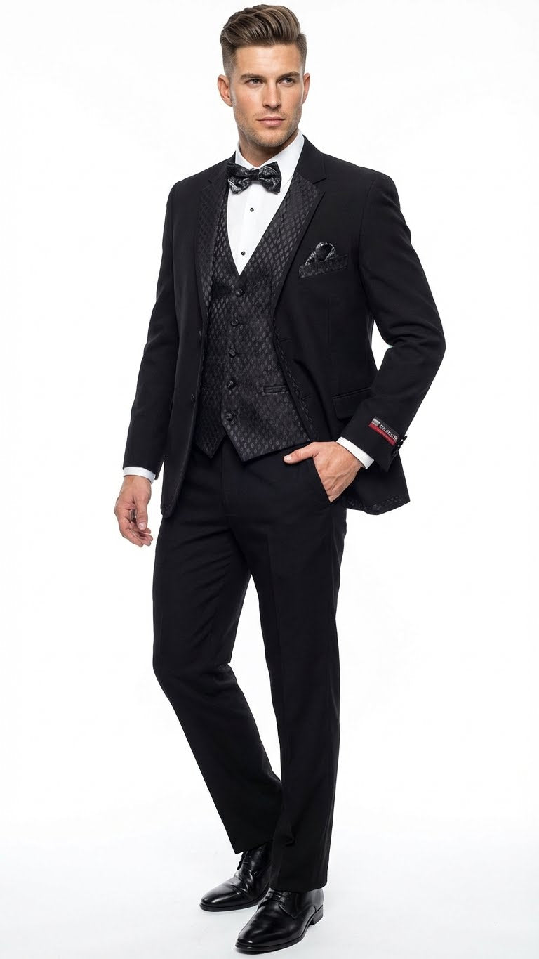 Men's Black Vested Tuxedo Suit with Patterned Lapel – Classic Formal ...