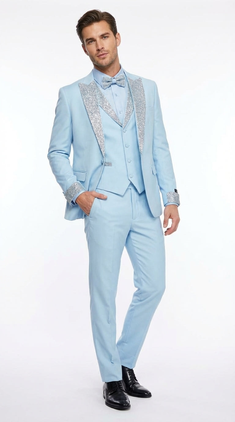 Men’s Light Blue Suit with Silver Glitter Lapel – Light Blue Formal ...