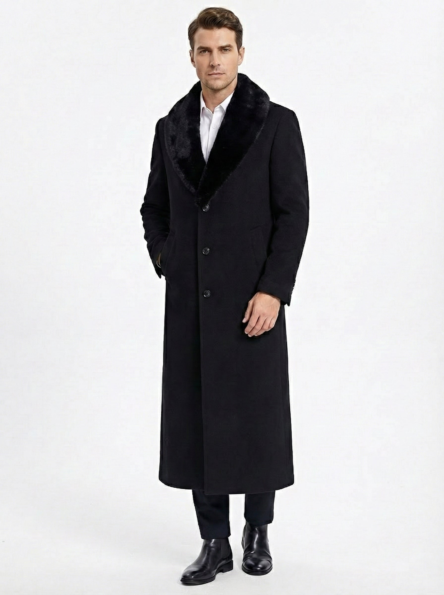 Men’s Black Long Overcoat with Faux Fur Collar, Full Length Winter ...