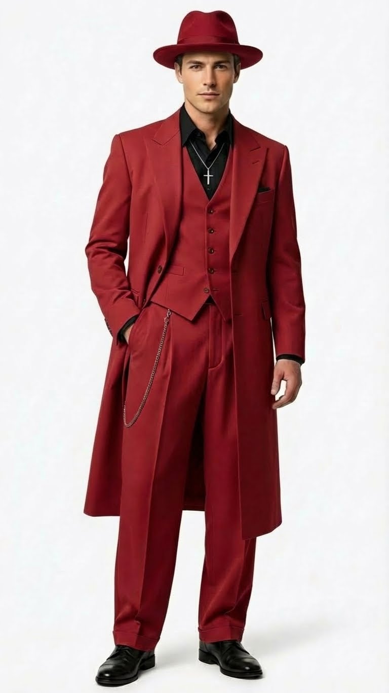 Men’s 1920s Red Zoot Suit – Long Mafia Gangster Three-Piece Vintage ...