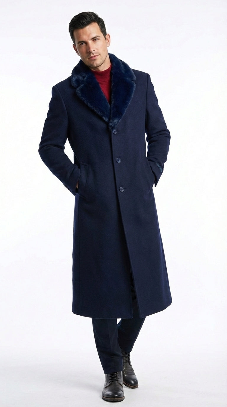 Men’s Dark Navy Blue Long Overcoat with Faux Fur Collar, Classic Winter ...
