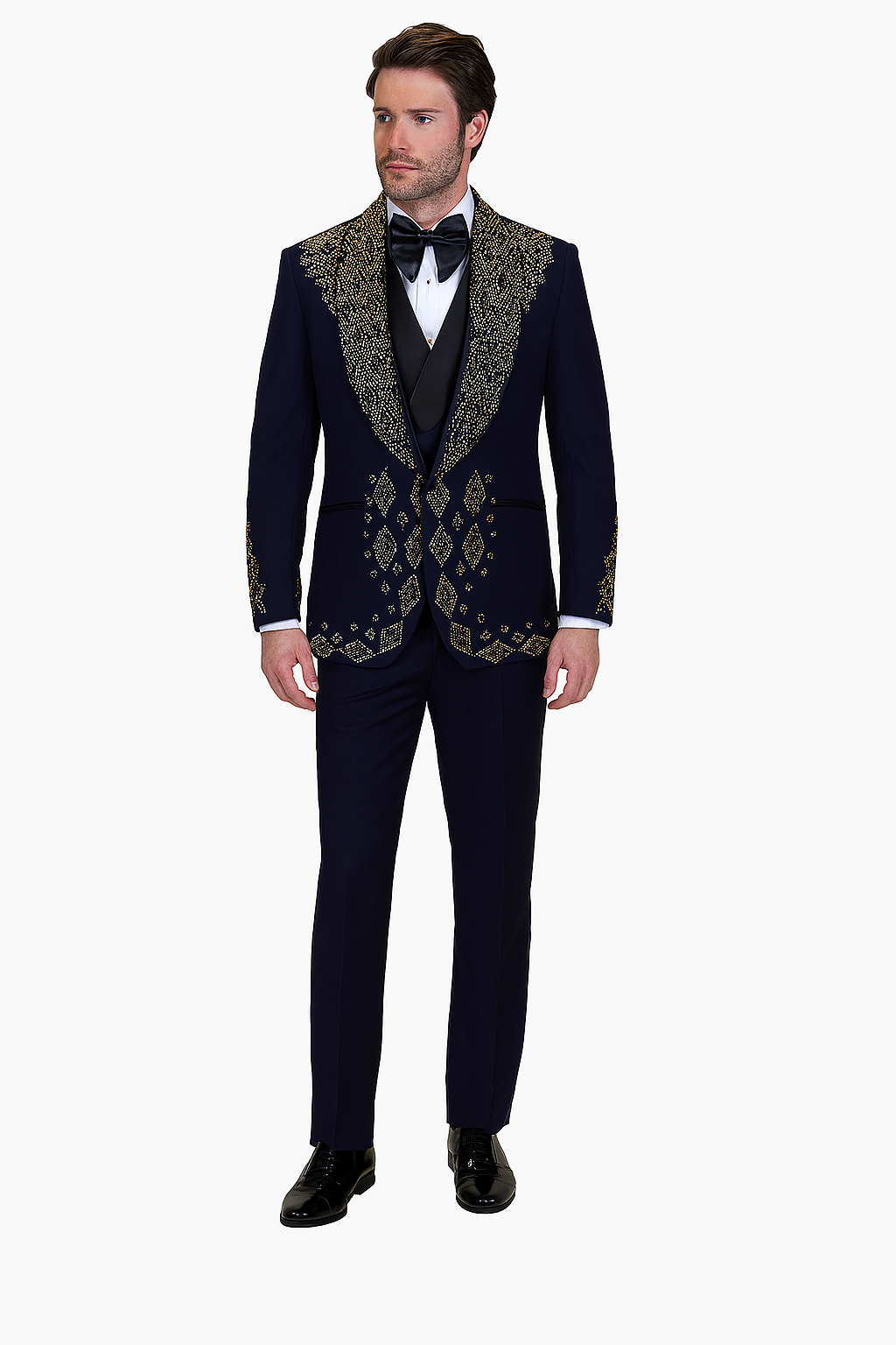Men’s Navy Tuxedo with Gold Embroidery – Slim Fit Formal Dinner Jacket ...