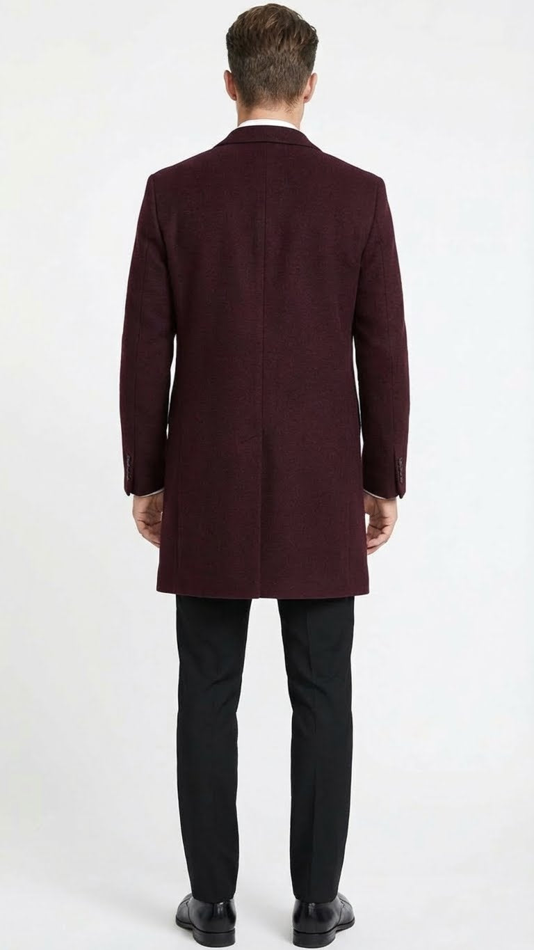 Men’s Burgundy Mid-Length Overcoat – Classic Fit Wool Blend Dress Coat ...