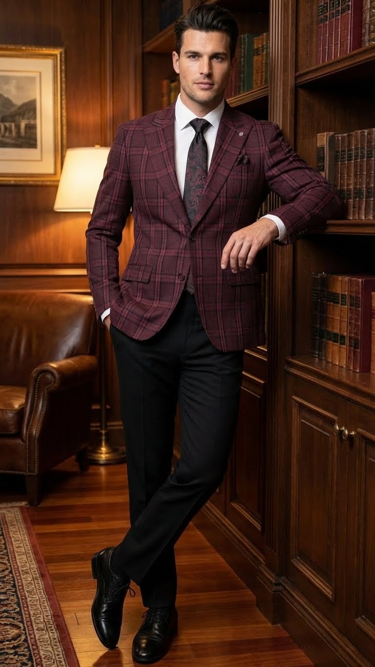 Men’s Burgundy Check Blazer – Windowpane Plaid blazer in Maroon Wine ...