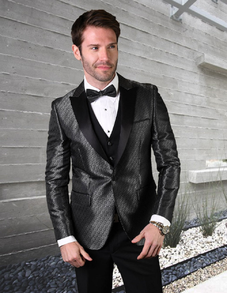 Mens Vested Peak Lapel Shiny Pattern Tuxedo in Black – Alligator Warehouse