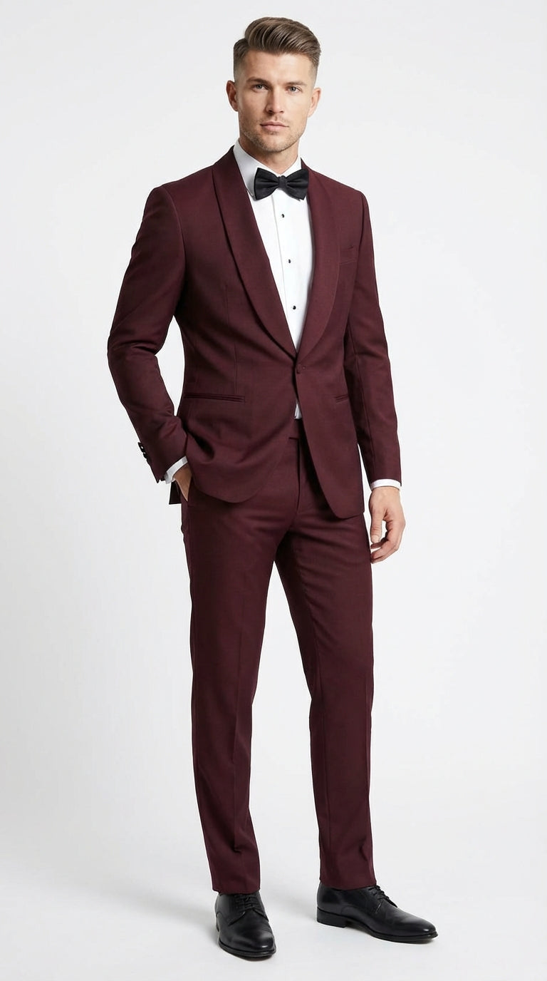 Men's Burgundy and Burgundy Shawl Lapel Tuxedo Suit | Classic Formal ...