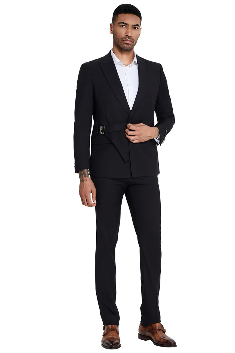 Mens French Front Peak Lapel Strapped Slim Fit Suit in Black ...