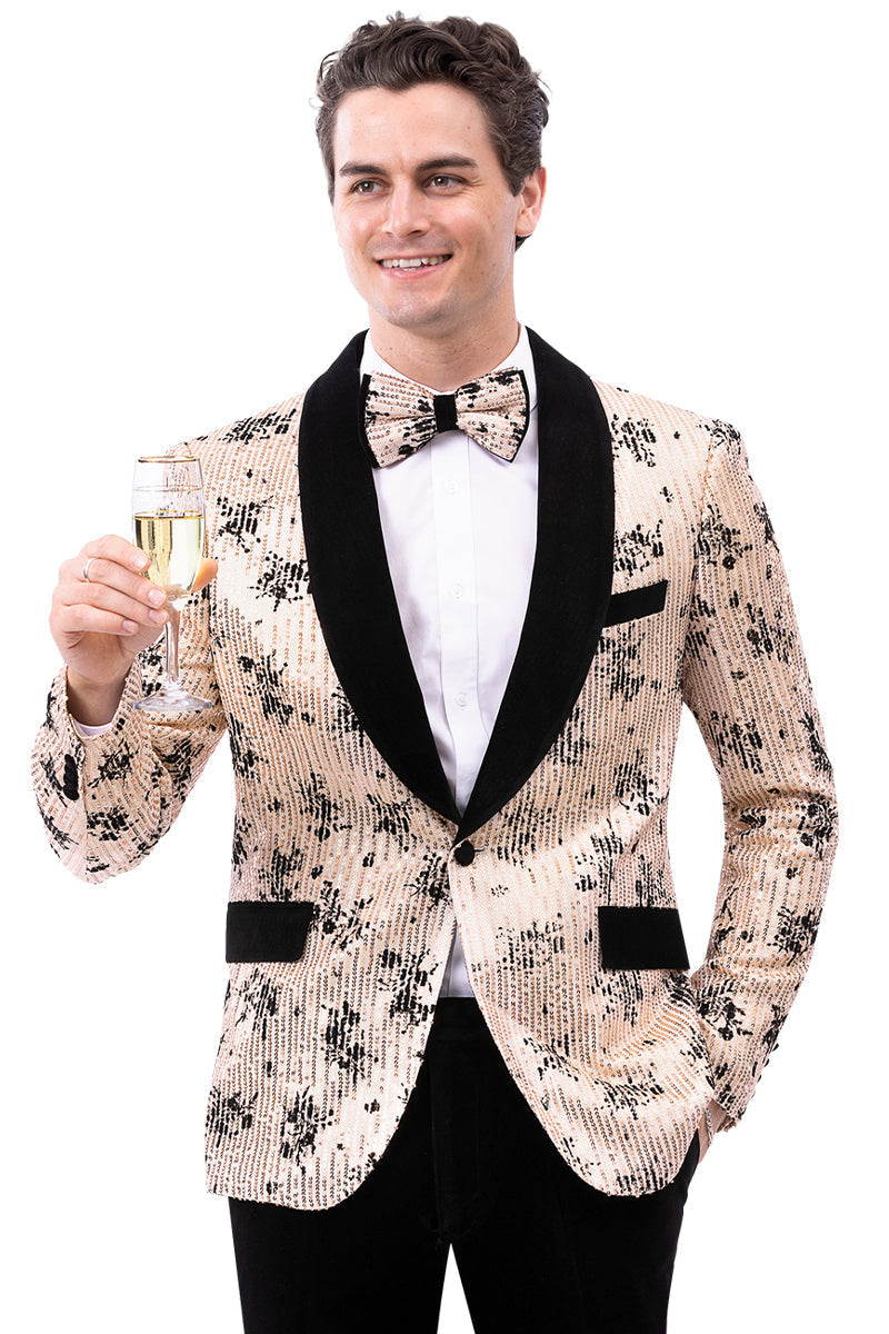 Men's Modern Fit Floral Sequin Wedding Tuxedo in Champagne Tan ...