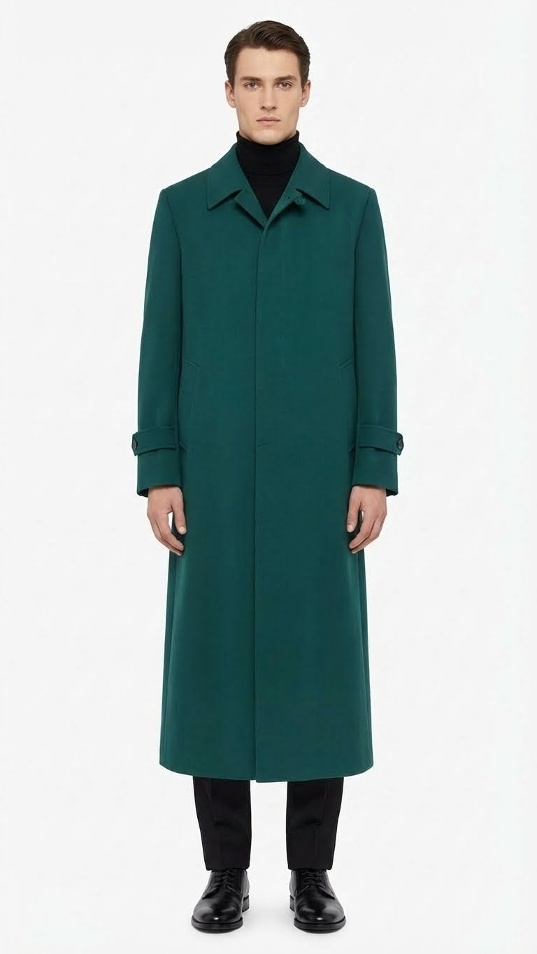 Men’s Full-Length Green Overcoat – Microfiber Blend for Winter Maxi ...