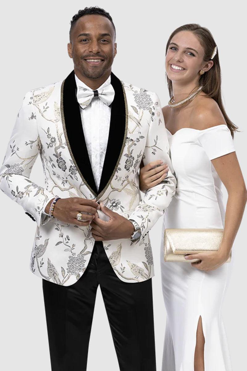 EJ Samuel Men's One Button White & Gold Tree Pattern Tuxedo Jacket for ...