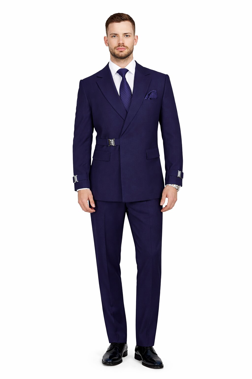 Men’s Navy Blue Double Breasted Wool Suit with Signature Buckle Closure ...