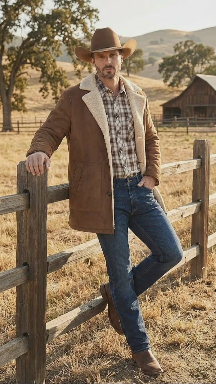 Men’s Brown Western Faux Suede Blazer Coat – Cowboy Style Long Jacket ...