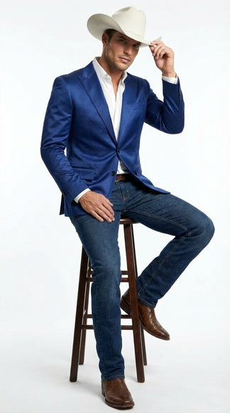 Men’s Shiny Royal Blue Cowboy Blazer – Western Style Satin Finish ...